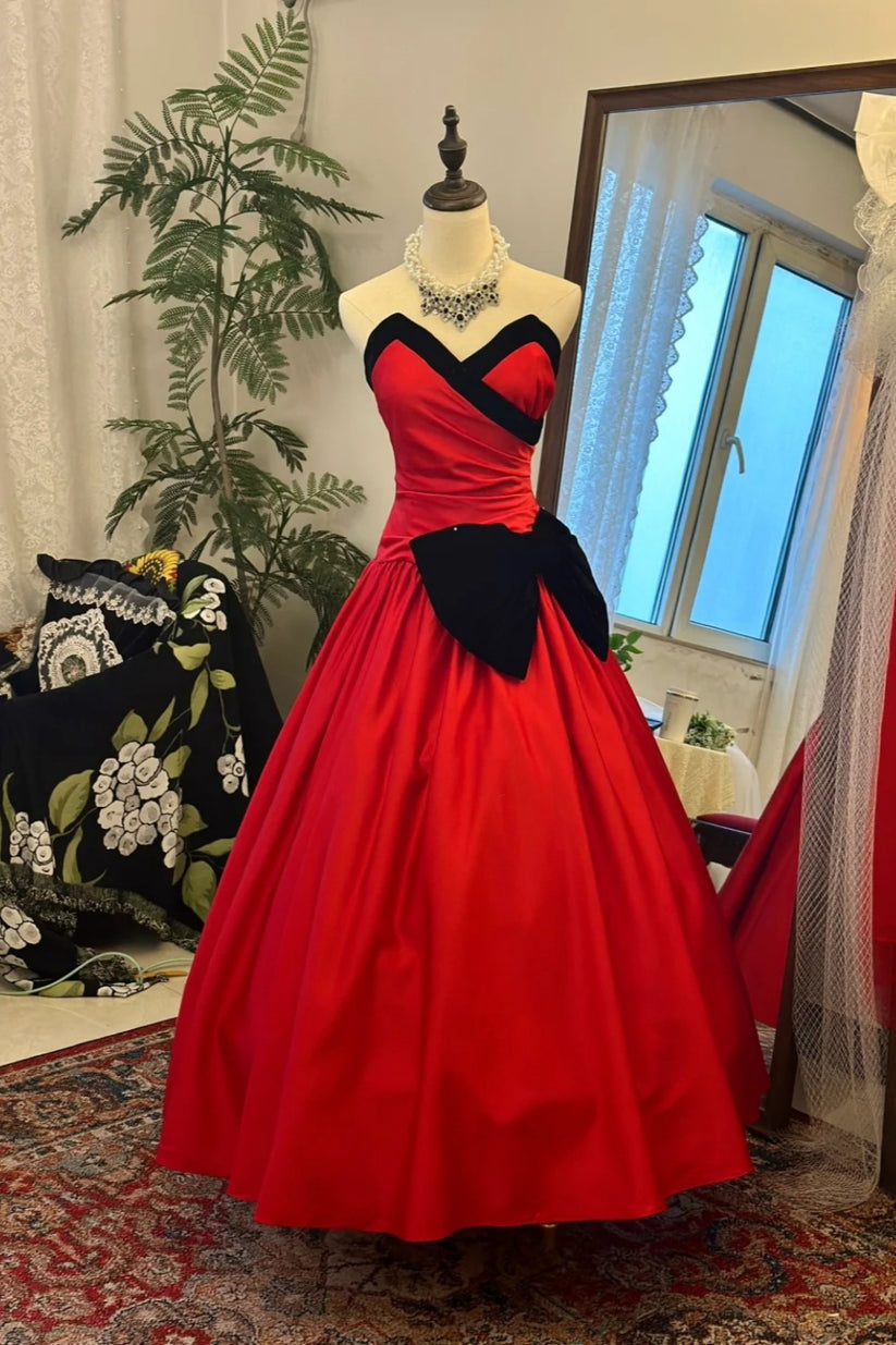 Red & Black Color-block Bandeau Ball Gown: 3D Bow, Waist-cinched Flare ...