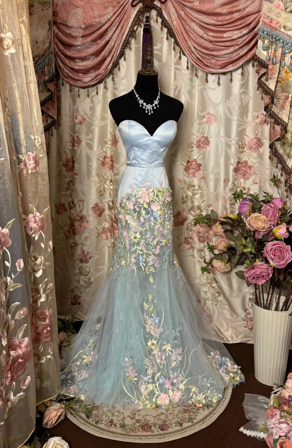 Blue floral elegant long tulle trailing ball gown evening dress gh4384 ...
