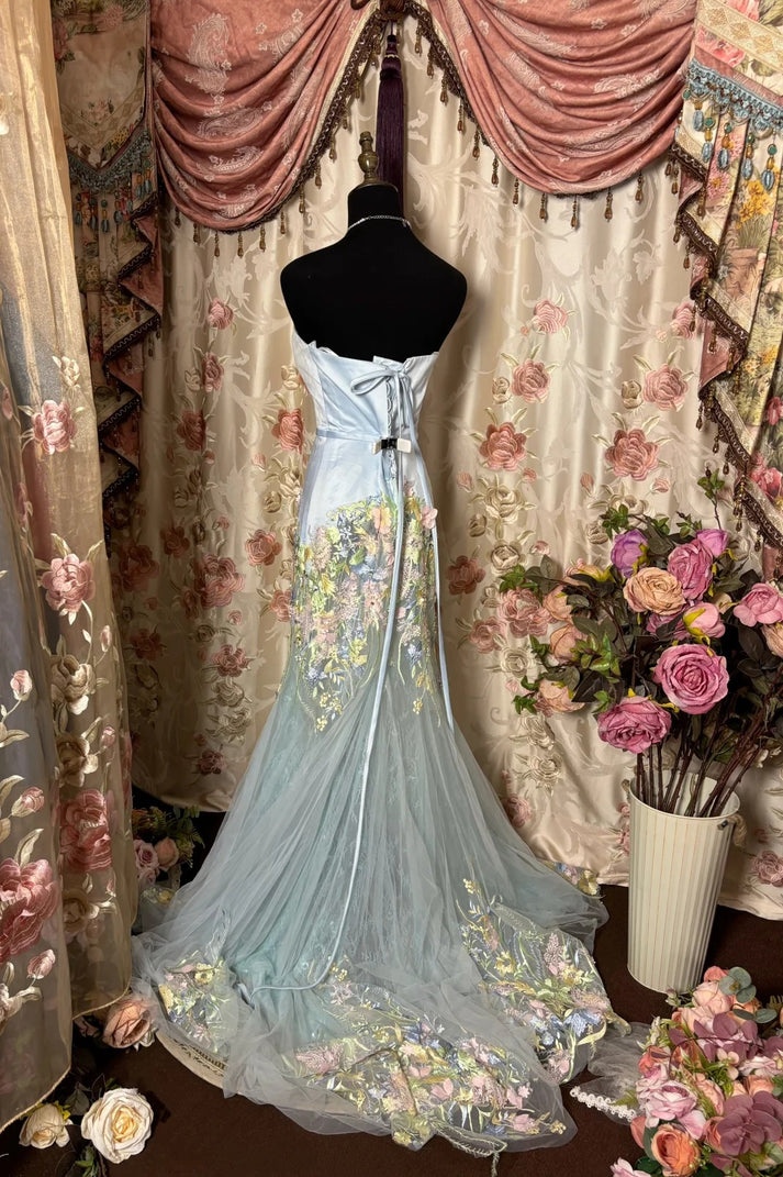 Blue floral elegant long tulle trailing ball gown evening dress gh4384 ...