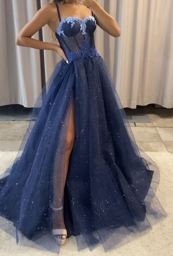 A line dark blue prom dress with slit shining evening gown gh2744 ...