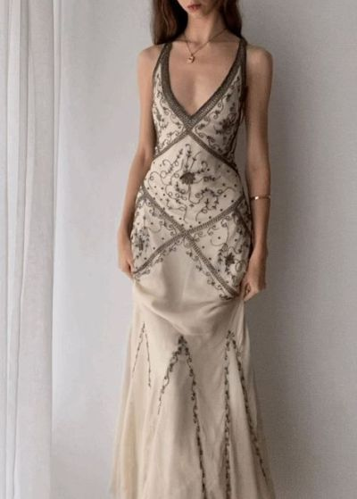 beige V neck exquisite elegant floral pattern long evening dress prom ...