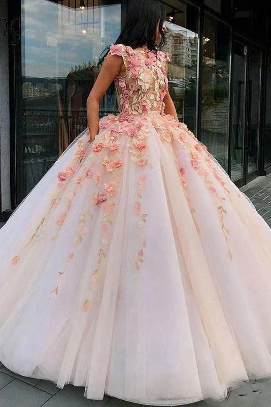 Princess Ball Gown Pink Tulle Prom Dresses with Handmade Flowers, Quin ...
