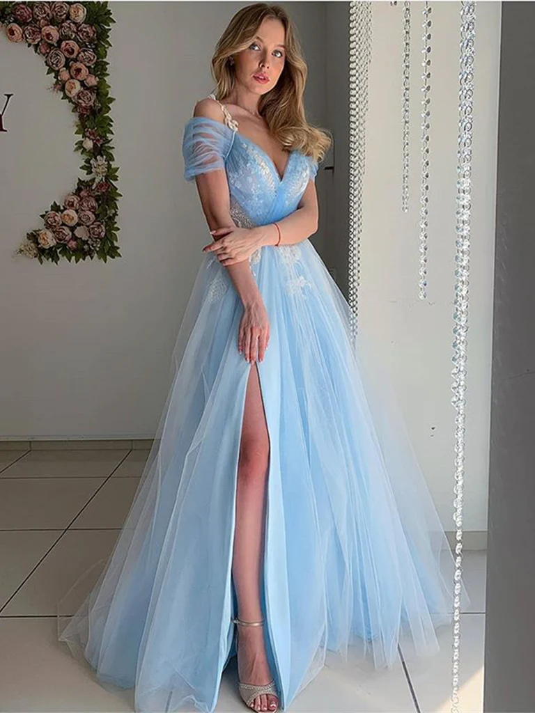Elegant Off Shoulder Light Blue Tulle Long Prom Dresses, Off the Shoul – girlhomeshops