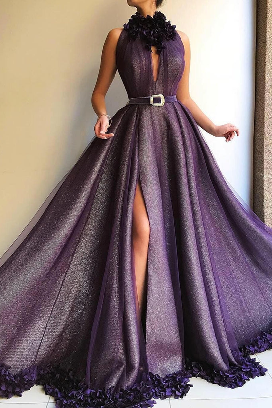 Pretty Halter Long Front Split Purple Prom Dress With Handmade Flower ...