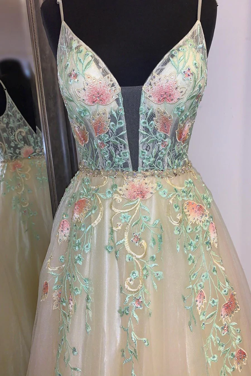 Gorgeous Straps A-Line Floral Embroidered Long Prom Dress gh2456 ...